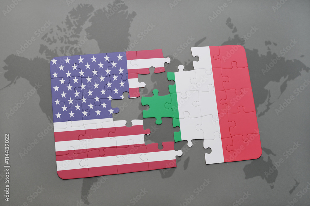 puzzle with the national flag of united states of america and italy on ...