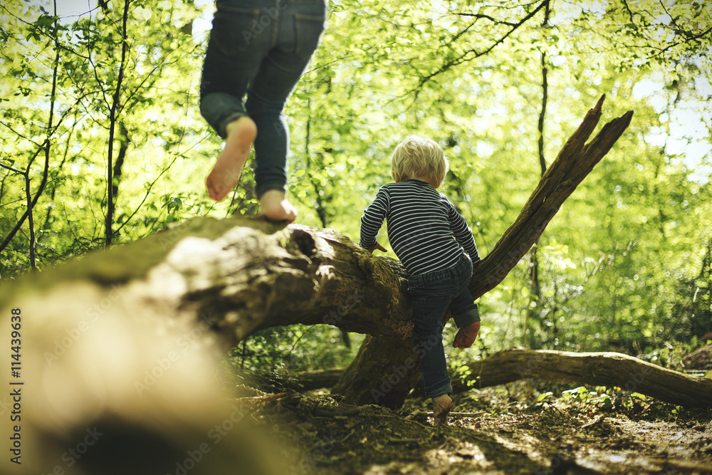 Two children playing in forest Stock Photo | Adobe Stock