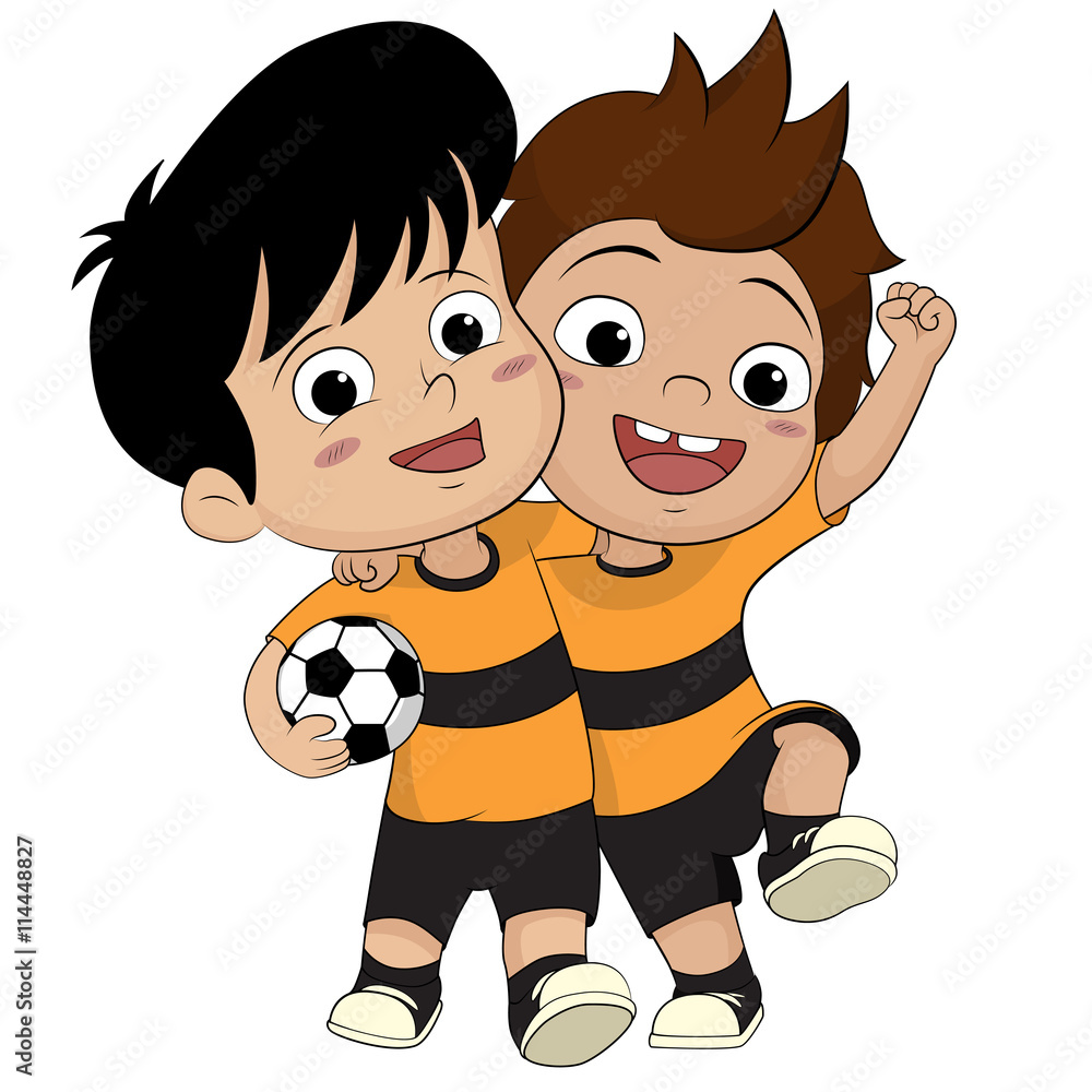 Cartoon soccer kids.Two friendly kid got the win and walked toge Stock ...