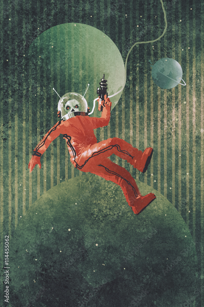 space man,astronaut in red suit holding a gun against the planet earth ...