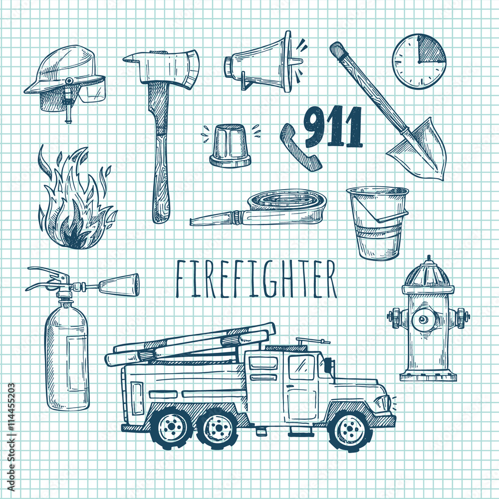 Hand drawn vector illustration - firefighter. Sketch icons Stock Vector ...