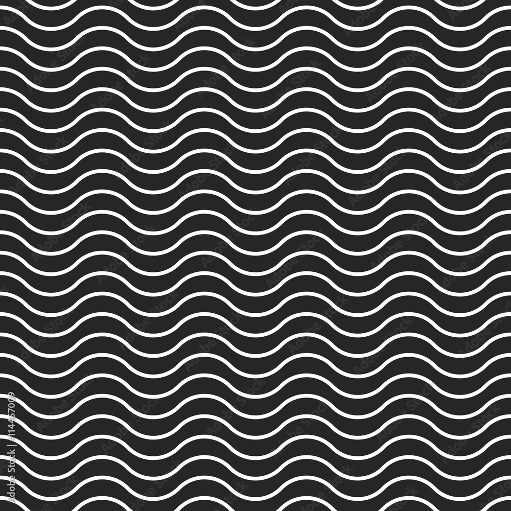 Wave background vector seamless pattern, black and white monochrome ...