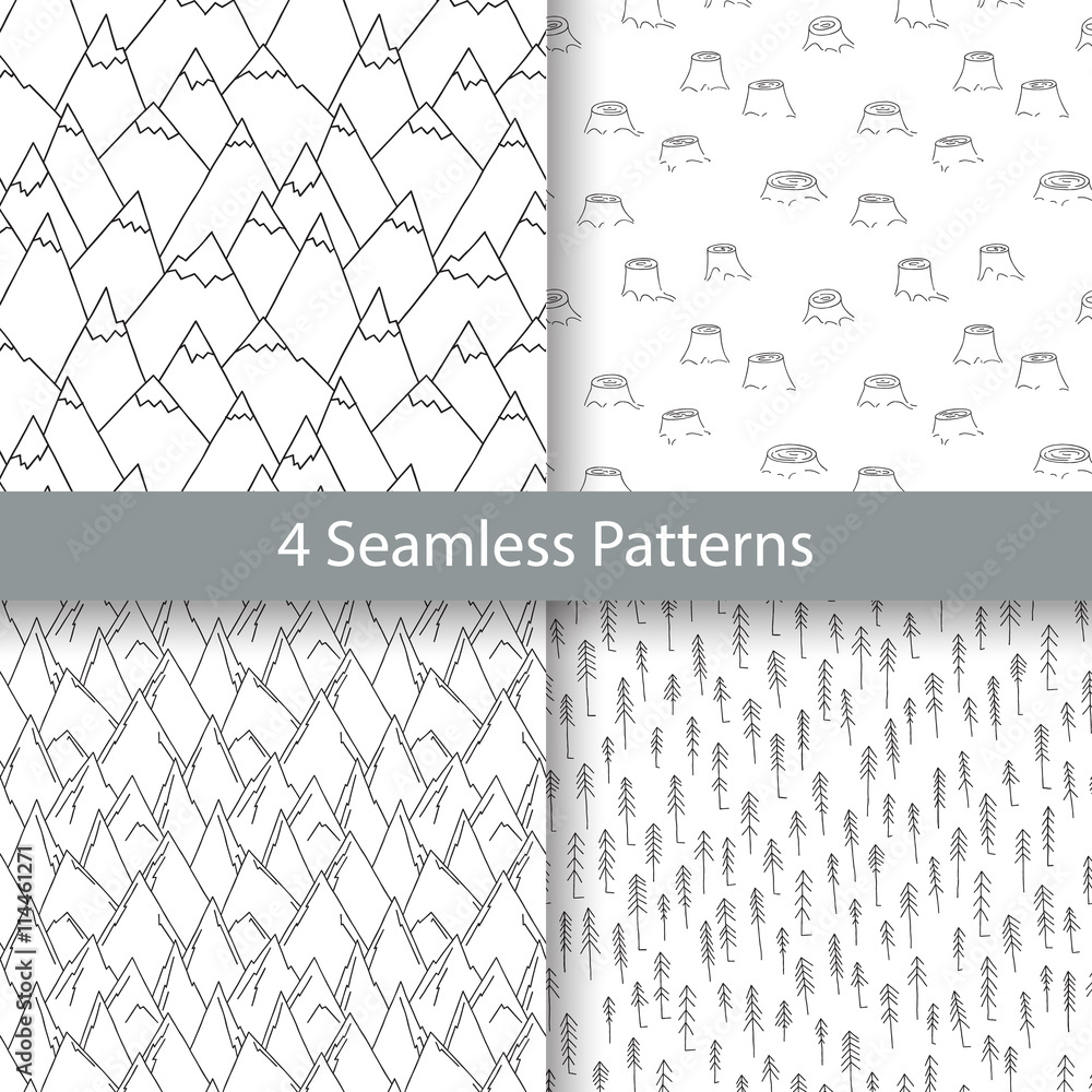 Nature Seamless Pattern Collection in Black and White. Set of ...