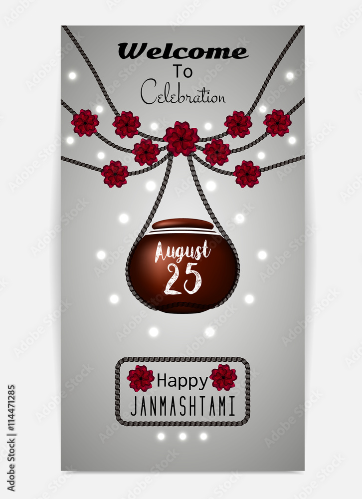 Happy Janmashtami. Illustration of hanging dahi handi. Template for ...