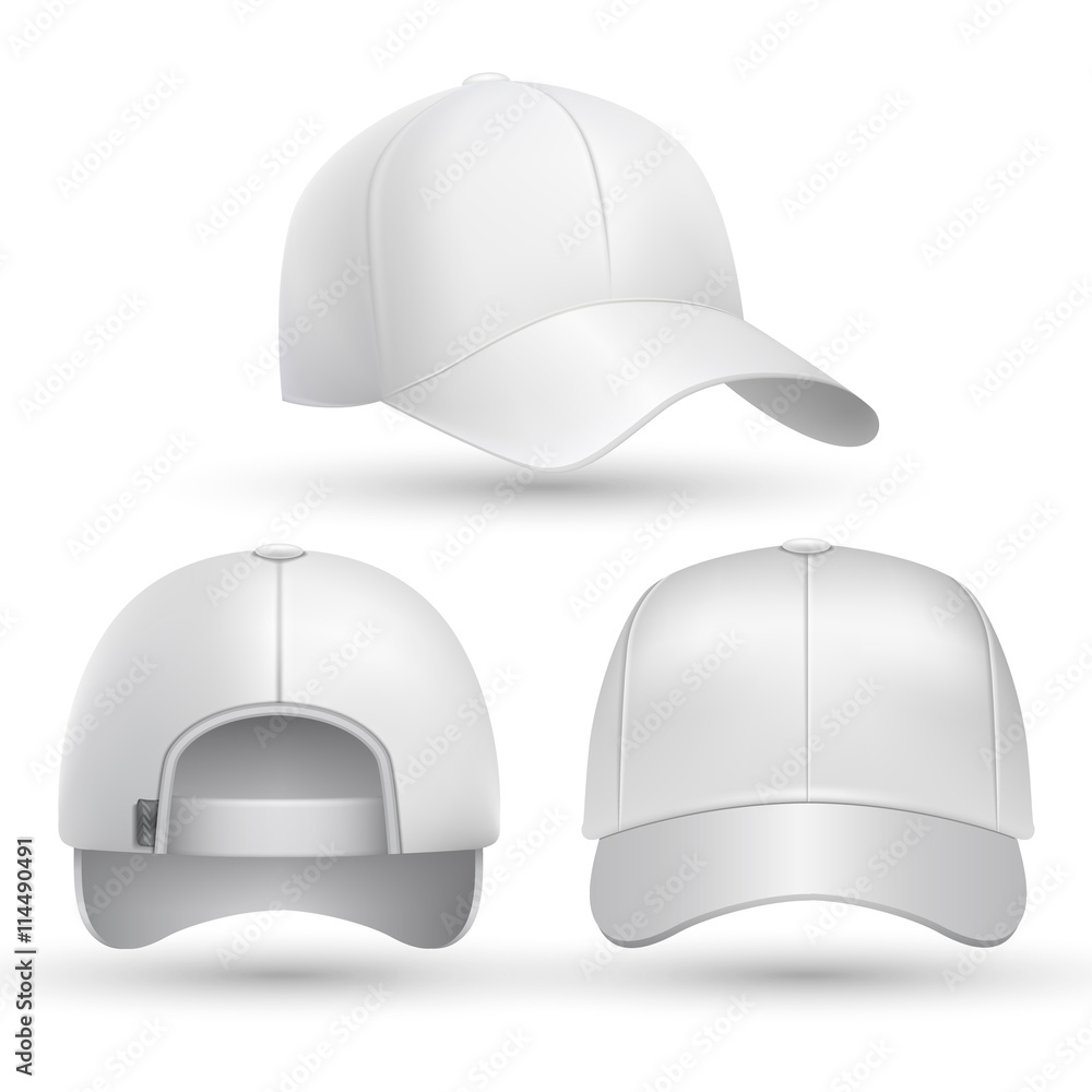 Realistic baseball cap front, side, back views set. Fashion cap ...