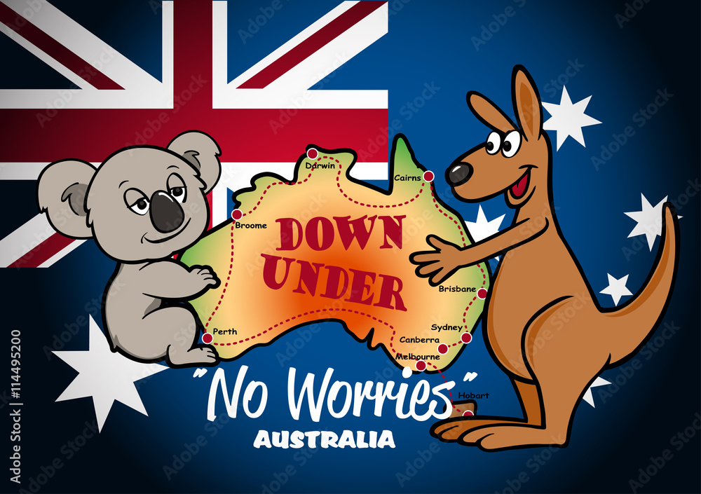 Map of Australia with Koala Kangaroo and flag Stock Vector | Adobe Stock