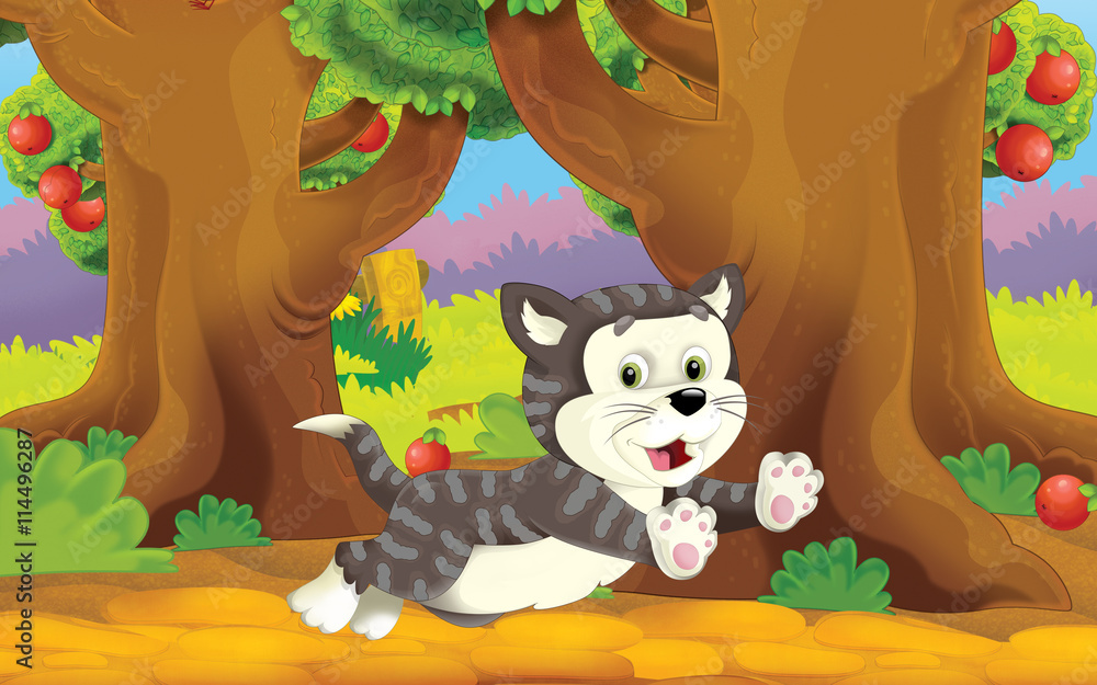 Cartoon farm scene with animal - cat - illustration for children Stock ...