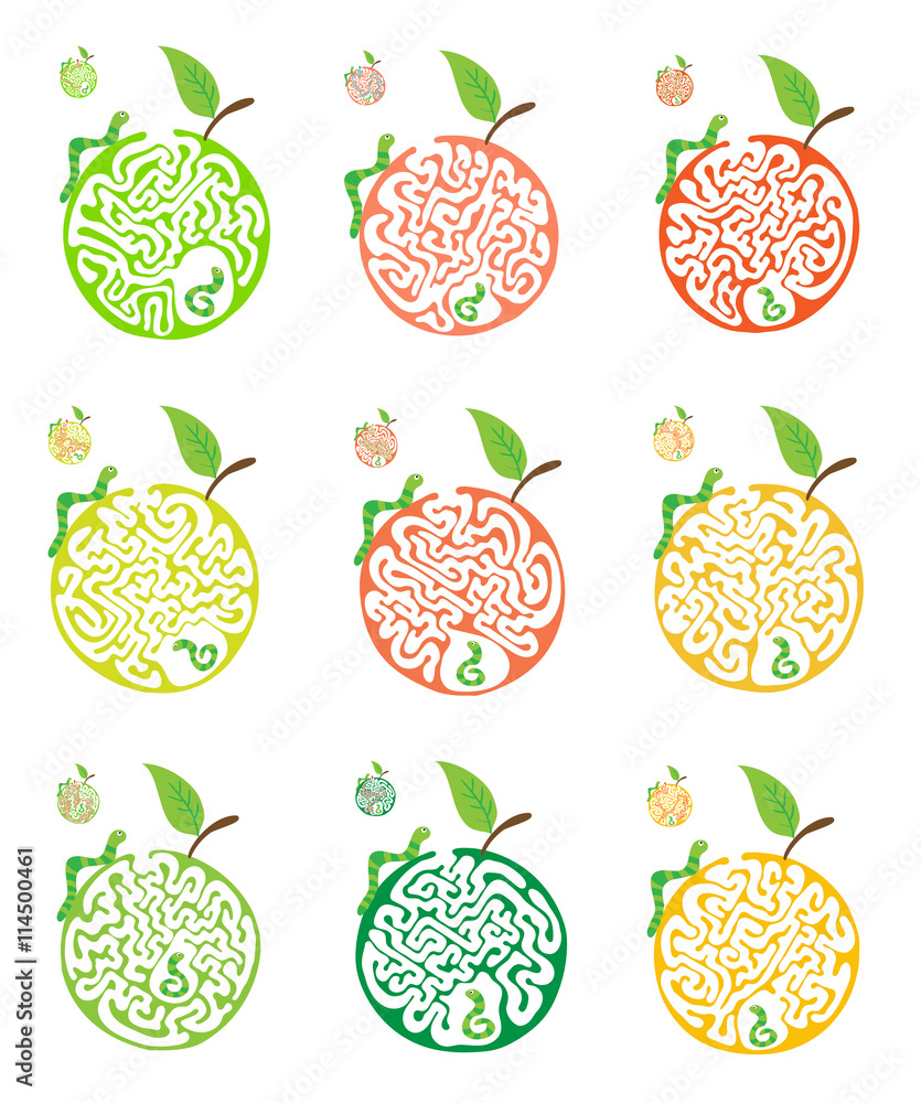 Set of maze puzzle for kids with caterpillars and apple. Labyrinth ...