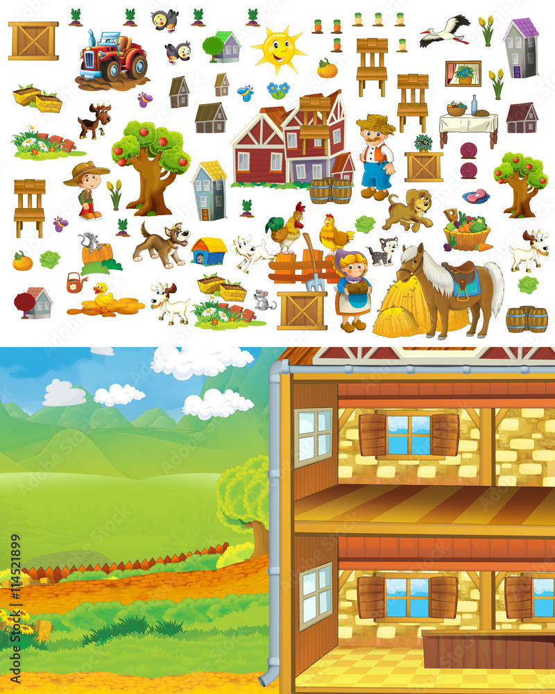 Cartoon farm scene - template for matching elements - cut through ...