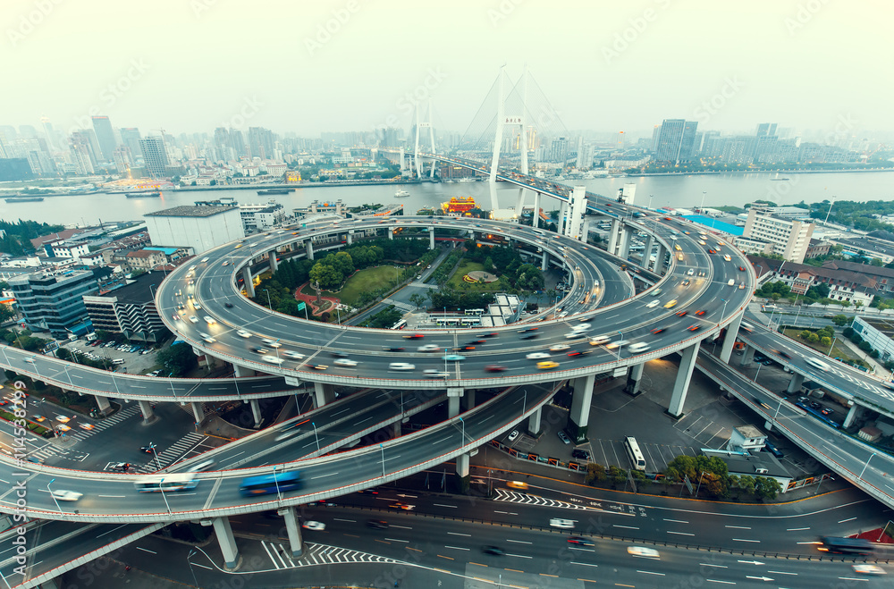View of big round Bridge in Shanghai, China with traffic. Famous ...