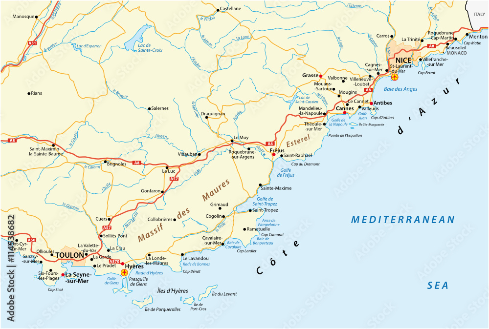 detailed vector road map of french riviera Stock Vector | Adobe Stock