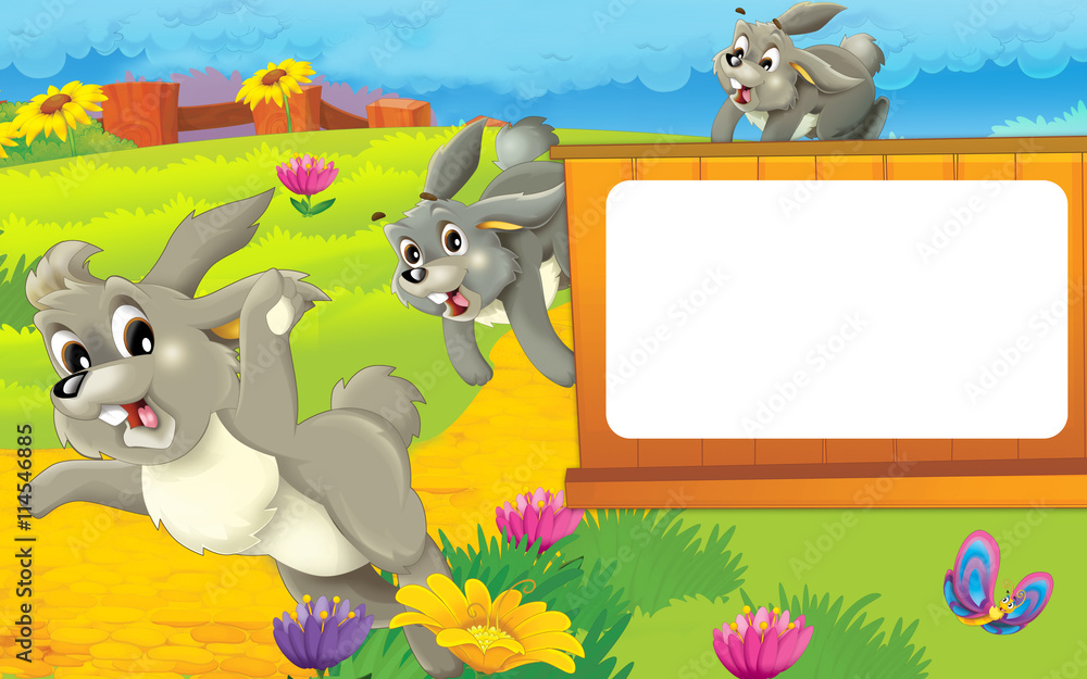 Cartoon farm scene - happy rabbits are running - space for text ...