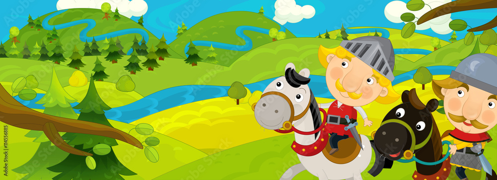 Cartoon scene of knights friends traveling together near the river ...