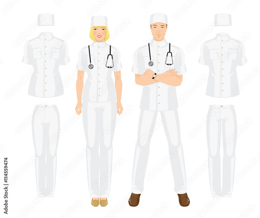 Vector illustration of medical uniform. A young doctor in uniform and ...