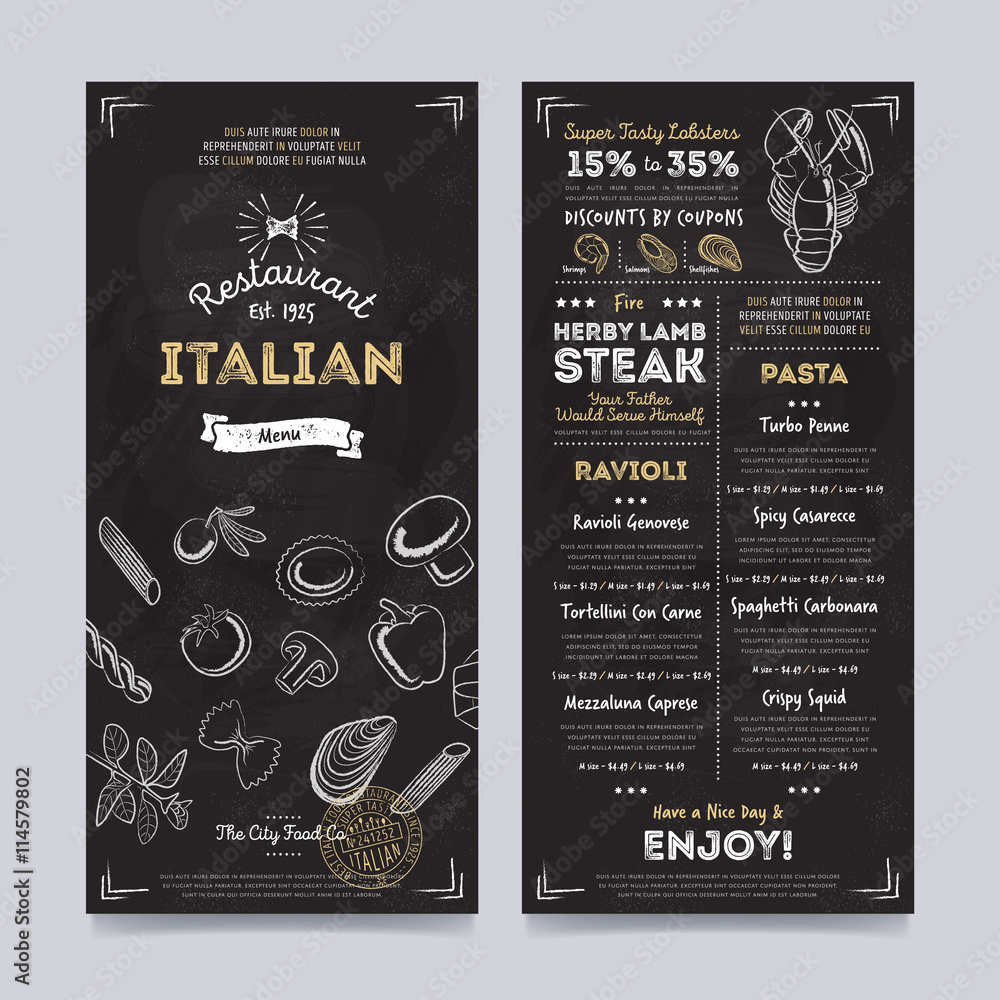 Italian restaurant cafe menu template design on chalkboard background ...