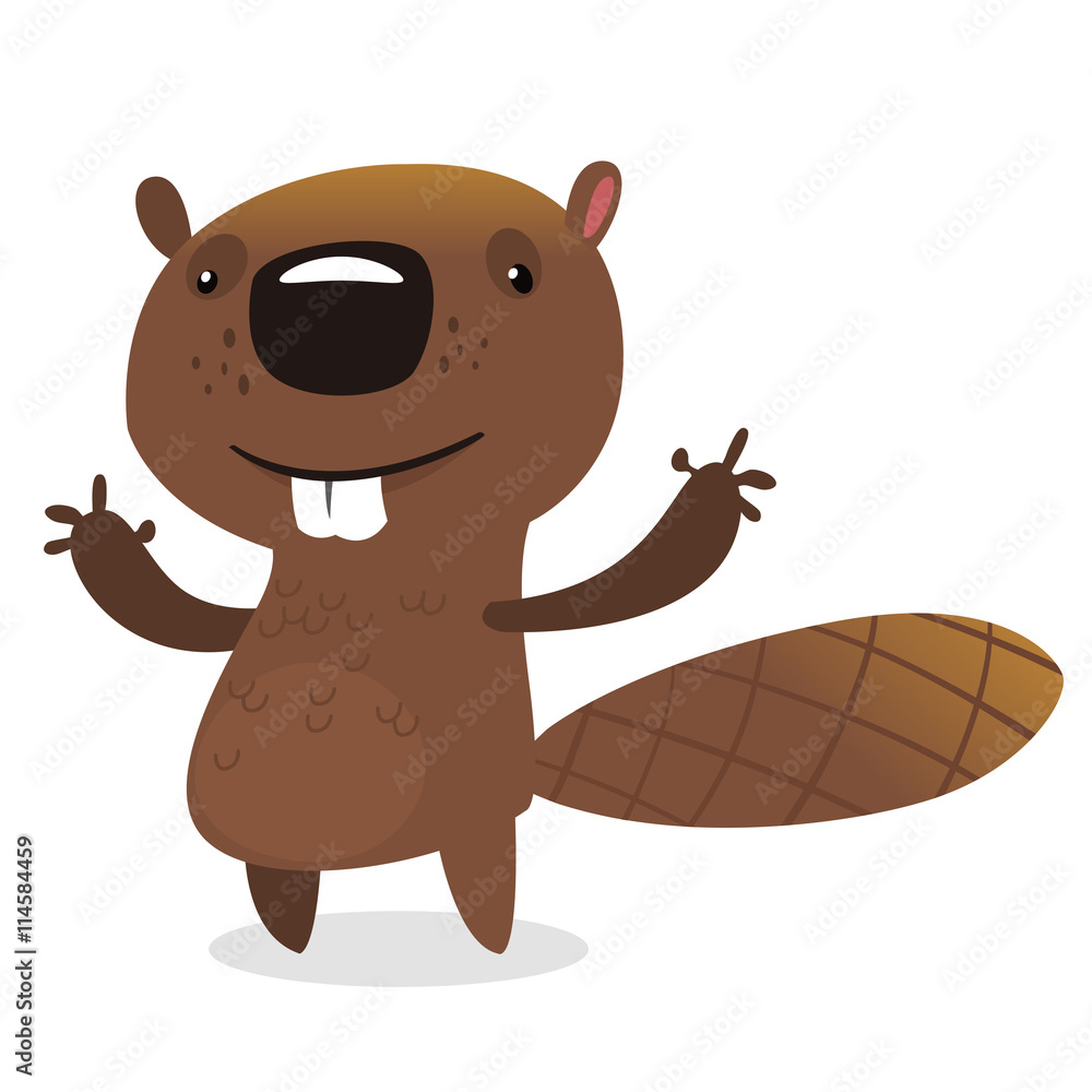 Cute cartoon vector beaver waving with his hands. Fluffy beaver ...