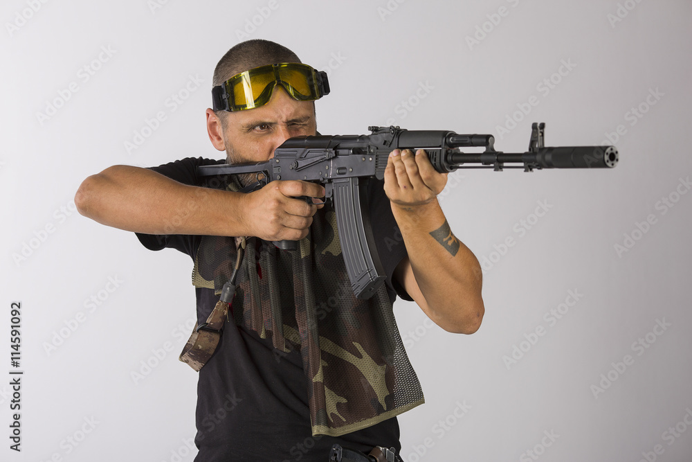 Beard soldier with ak-47 on white background Stock Photo | Adobe Stock