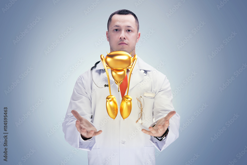 Doctor with stethoscope and golden male reproductive system on the ...