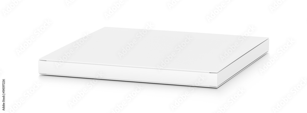 White thin flat horizontal rectangle blank box from top side far angle ...