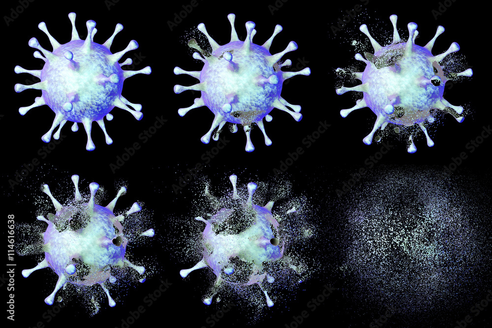 Series of images showing different stages of destruction of a virus. 3D ...