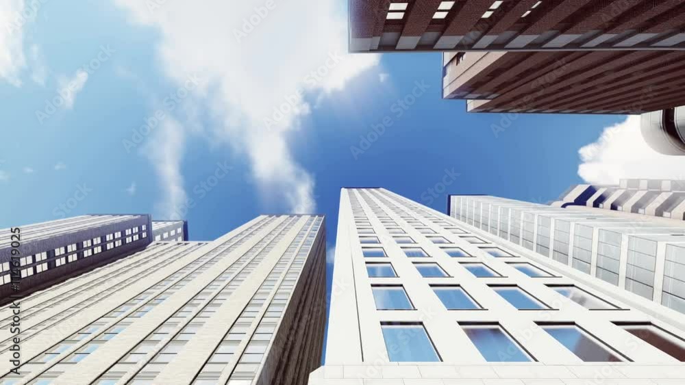 High rise office buildings from bottom up view against blue sky with ...