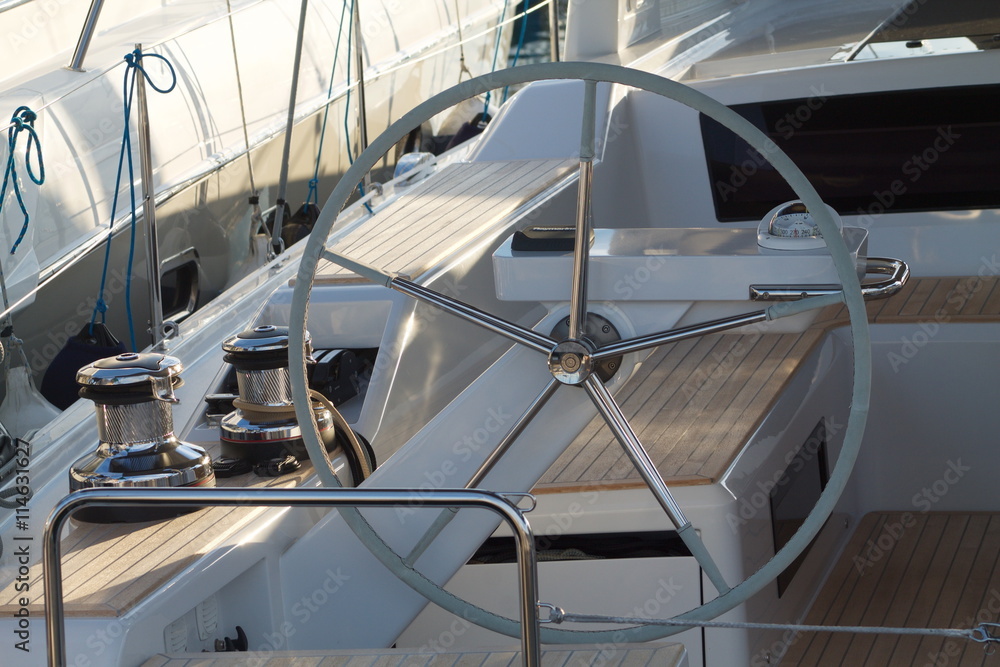 sailing yacht control wheel and navigation tools Stock Photo | Adobe Stock