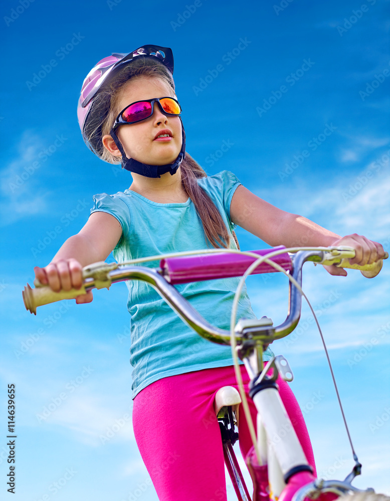 Bikes cycling child. Girl rides bicycle. Little girl in cycling ...