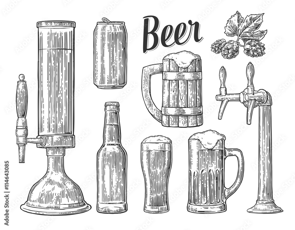 Beer class, can, bottle, barrel. Vintage vector engraving illustration ...