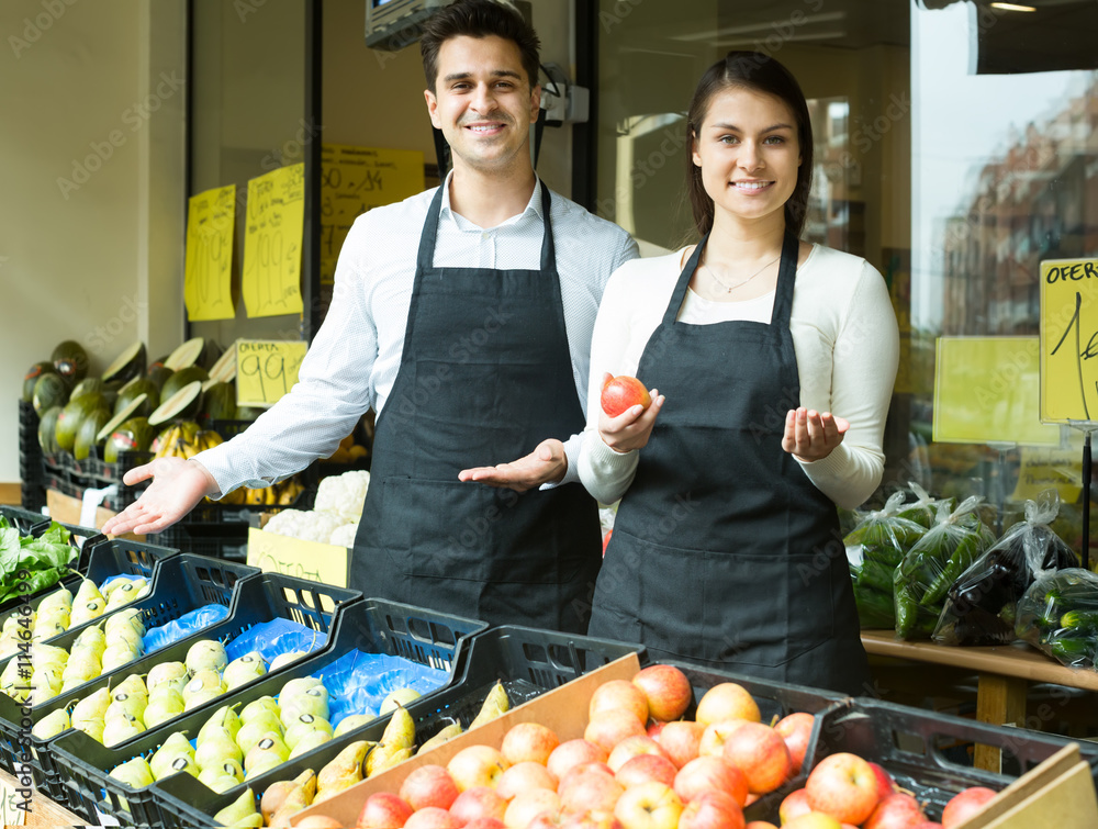Market workers with assortment Stock Photo | Adobe Stock
