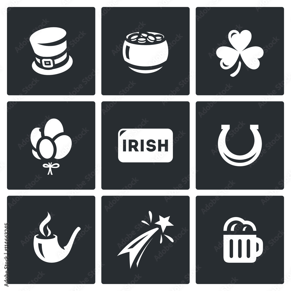 Vector Set of Ireland Icons. Irish country. Cylinder, Pot Gold, Clover ...