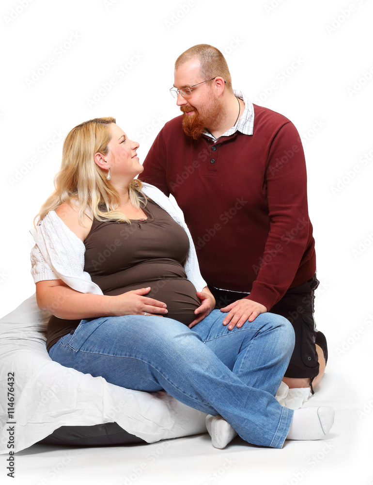Overweight couple. Healthy lifestyle concept. Obese adults on white ...