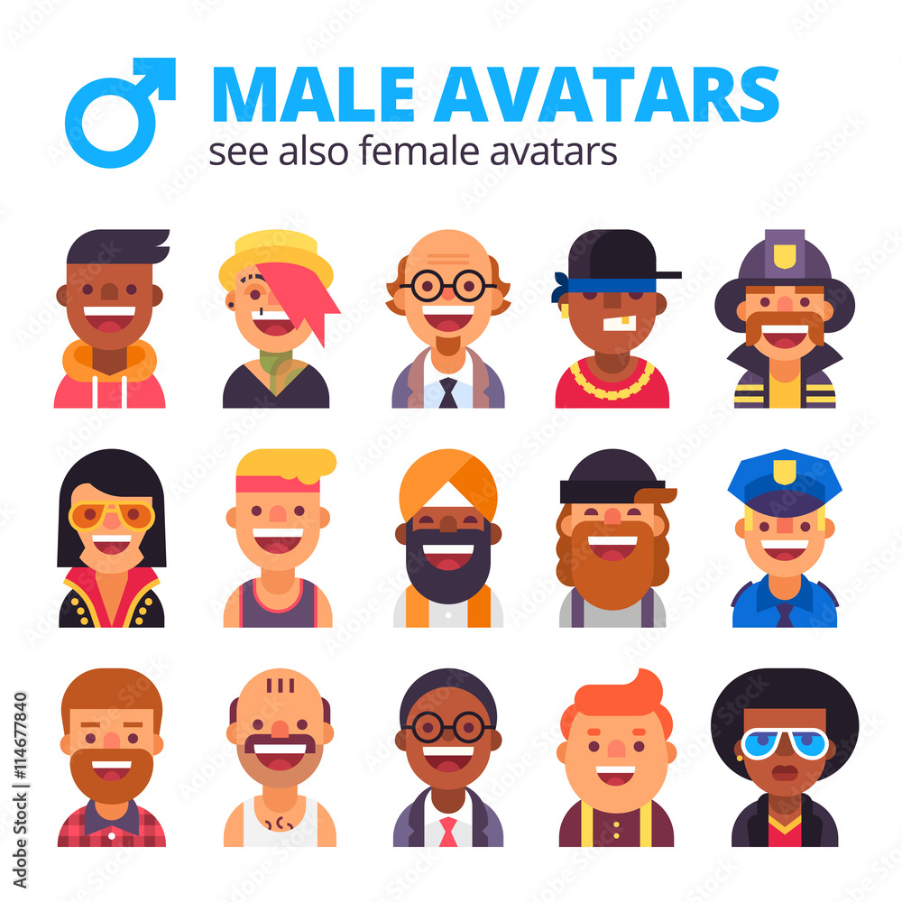 Set of cool male avatars. Different skin tones, clothes and hair styles ...