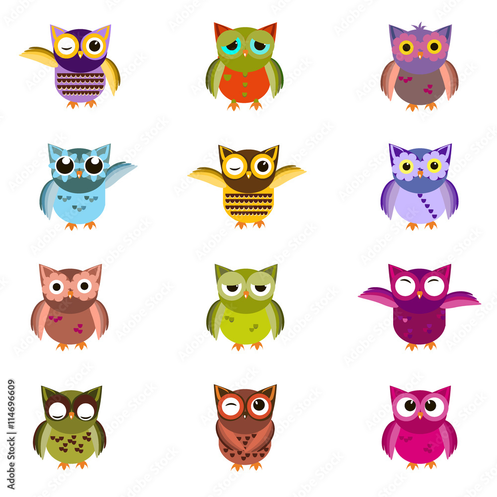 Cartoon owl set vector illustration. Stock Vector | Adobe Stock