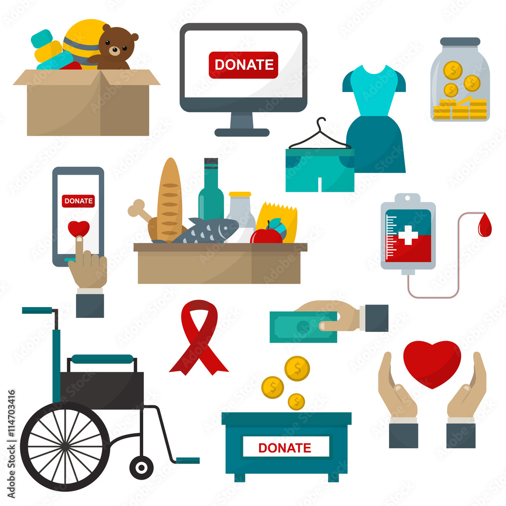 Donate help symbols charity organization heart flat icons set of food ...