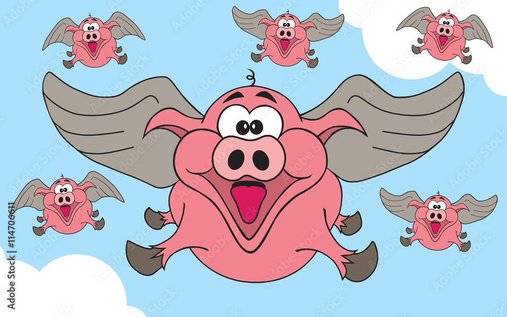 Happy herd of flying pigs soaring through the sky Stock Vector | Adobe ...