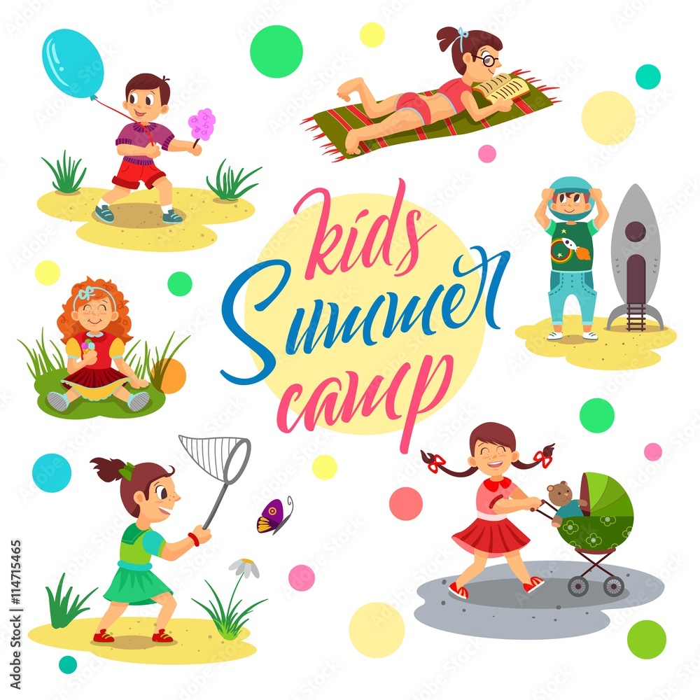 Kids summer camp vector, cartoon children. Girl sits and eats ice cream ...