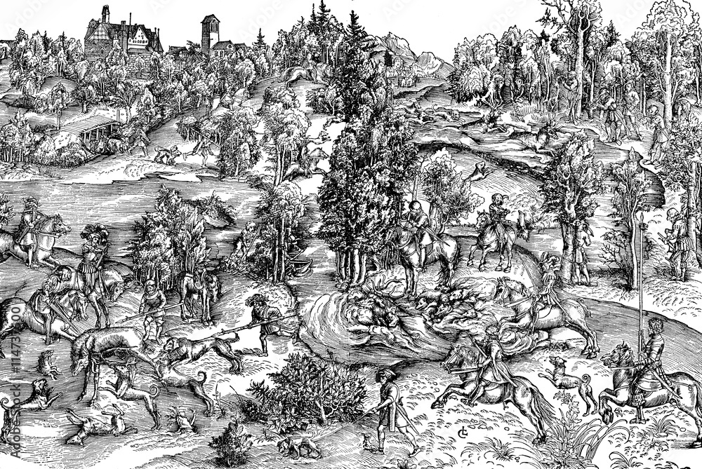 Vintage engraving, medieval deer hunt with spears and dogs Stock ...
