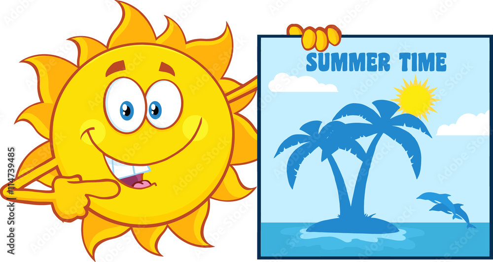 Talking Sun Cartoon Mascot Character Pointing To A Poster Sign With ...