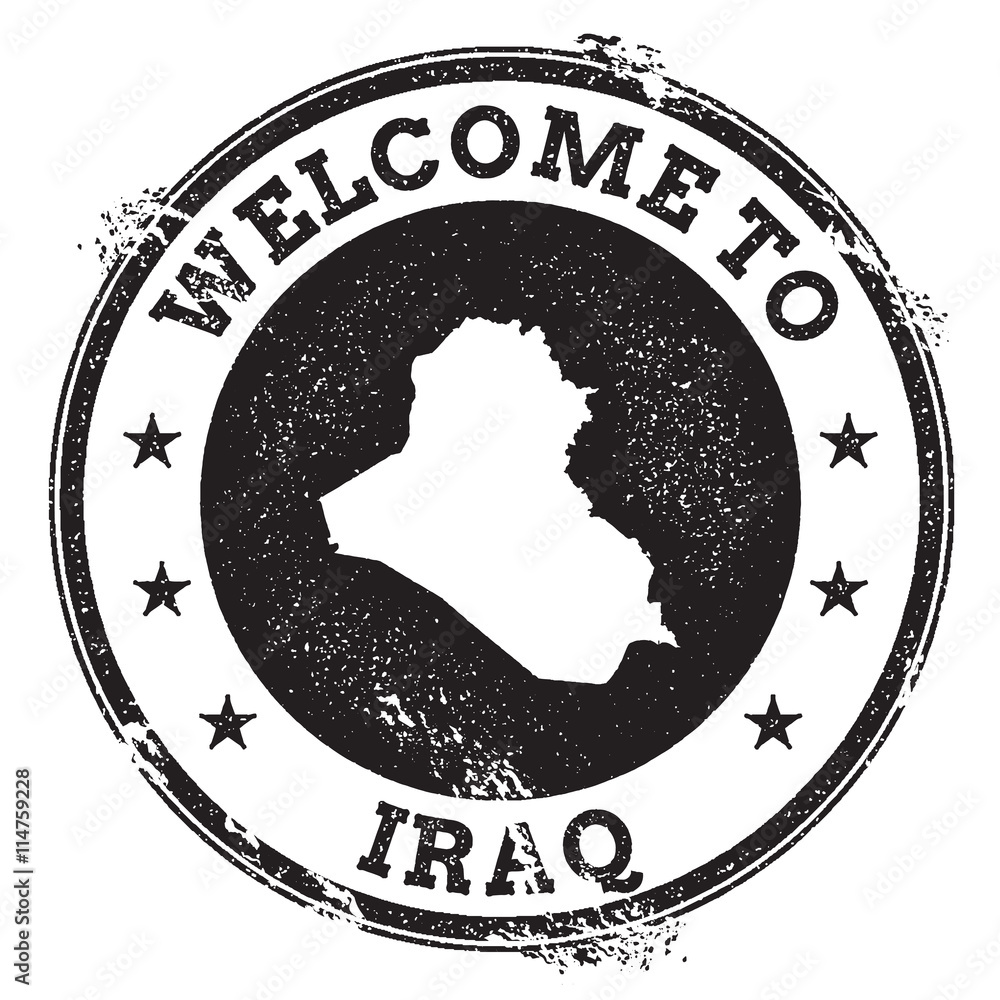 Vetor do Stock: Vintage passport welcome stamp with Iraq map. Grunge ...