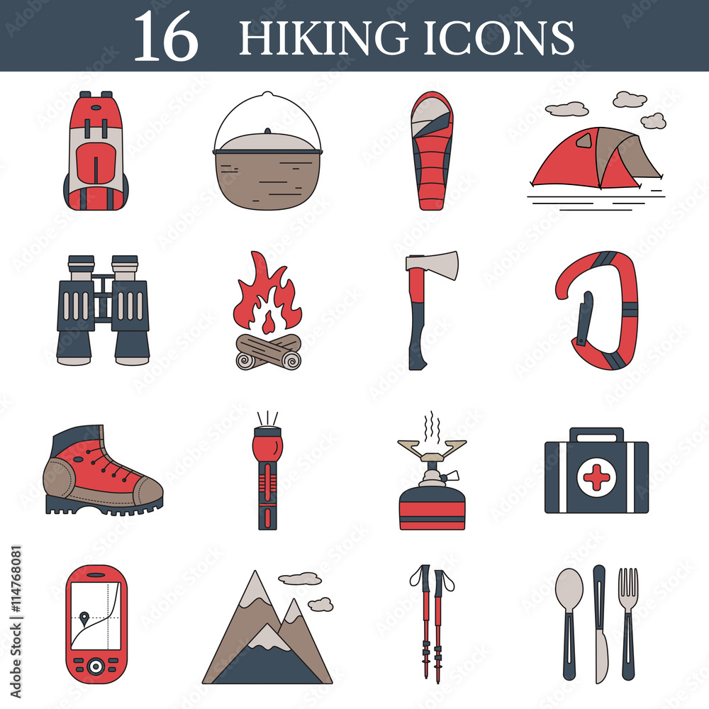 Set of hiking icons. Vector outdoor symbols. Travel gear collection in ...