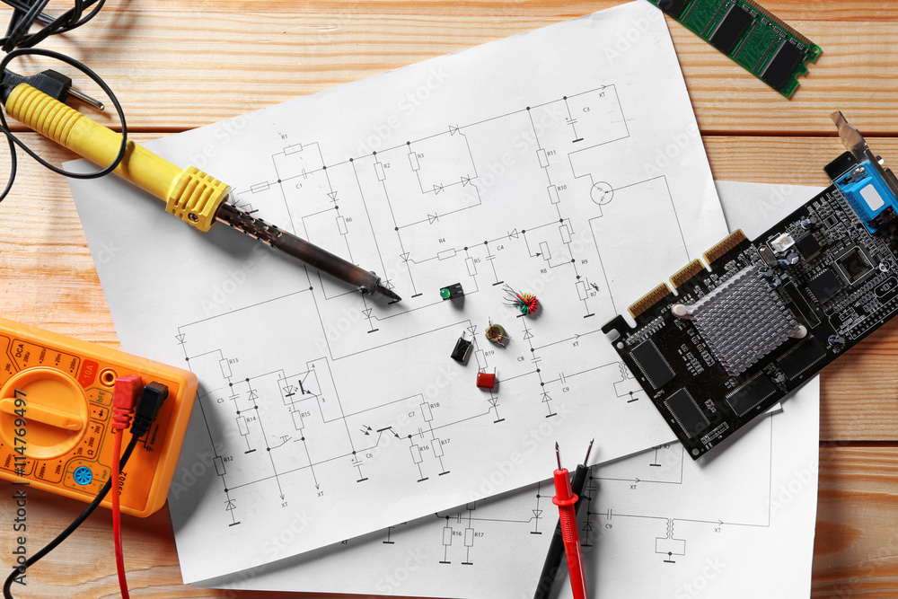 Electronic components on engineering drawings Stock Photo | Adobe Stock
