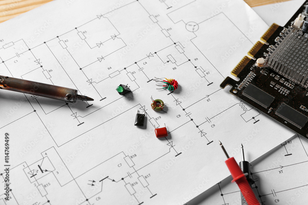 Electronic components on engineering drawings Stock Photo | Adobe Stock