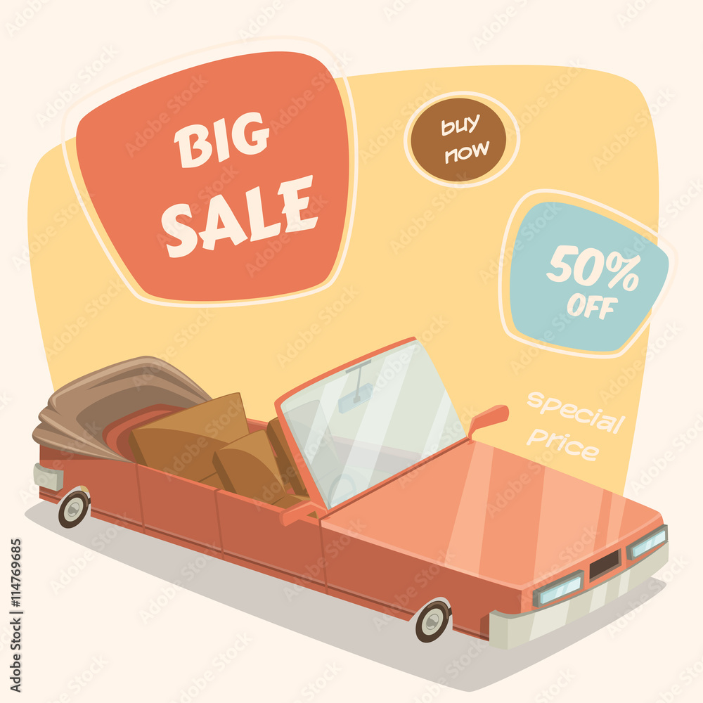 Car sale. Retro car in cartoon stile. Vector illustration Stock Vector ...
