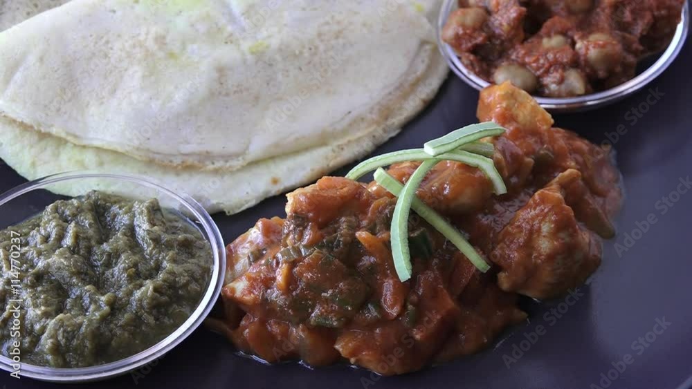 Indian food Chicken Curry served with Dosa with Sambar and Channa ...