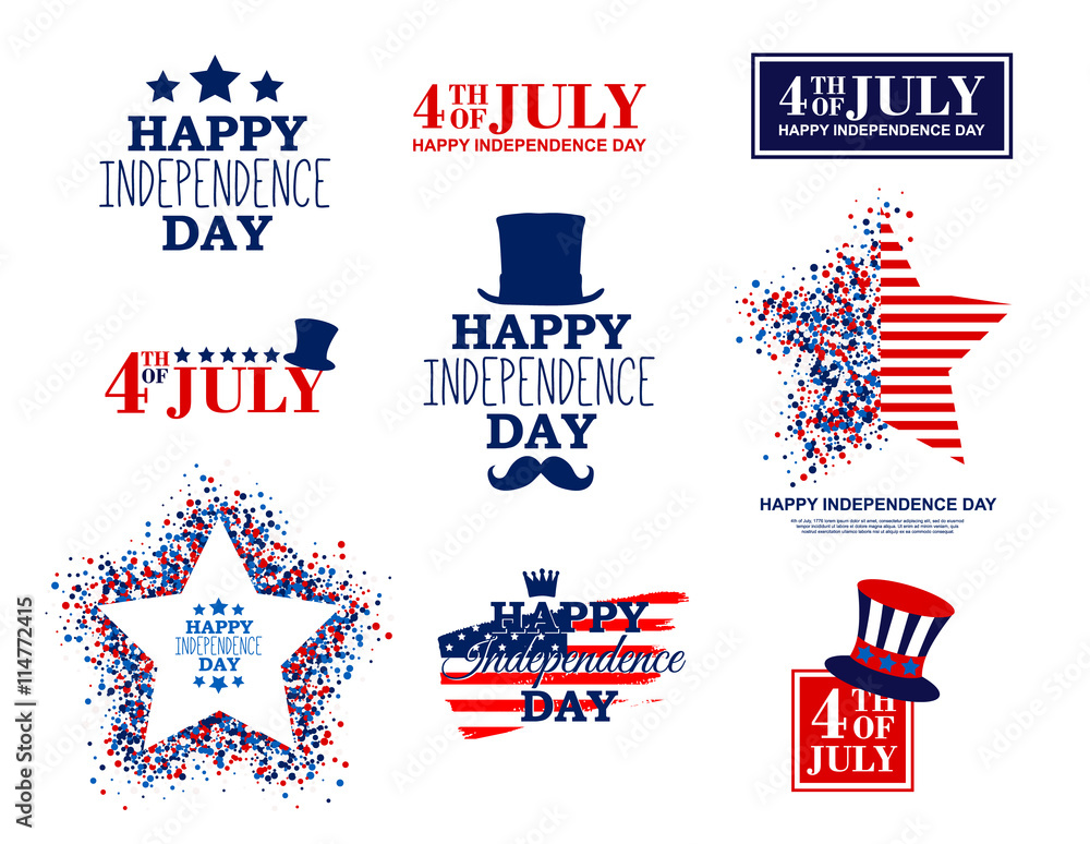 4th of July set of nine greeting card elements in traditional American ...