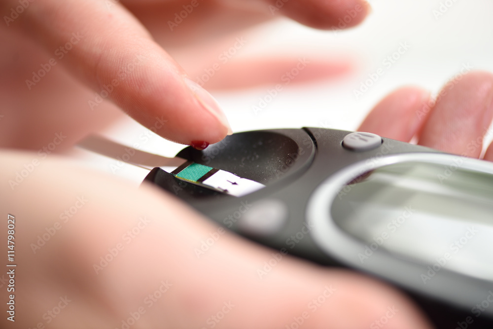 First type Diabetes patient measuring glucose level blood test use ...