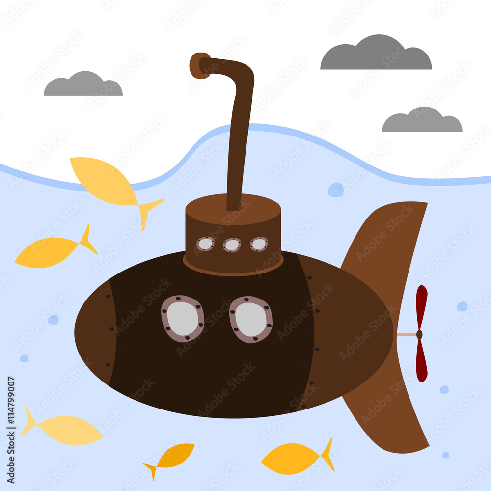 Brown submarine with periscope diving under water in a sea among yellow ...