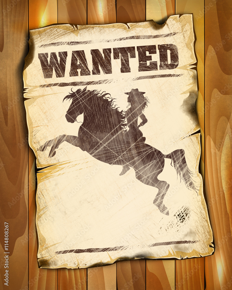 wanted poster empty with silhouette of a beauty girl on horsebac Stock ...