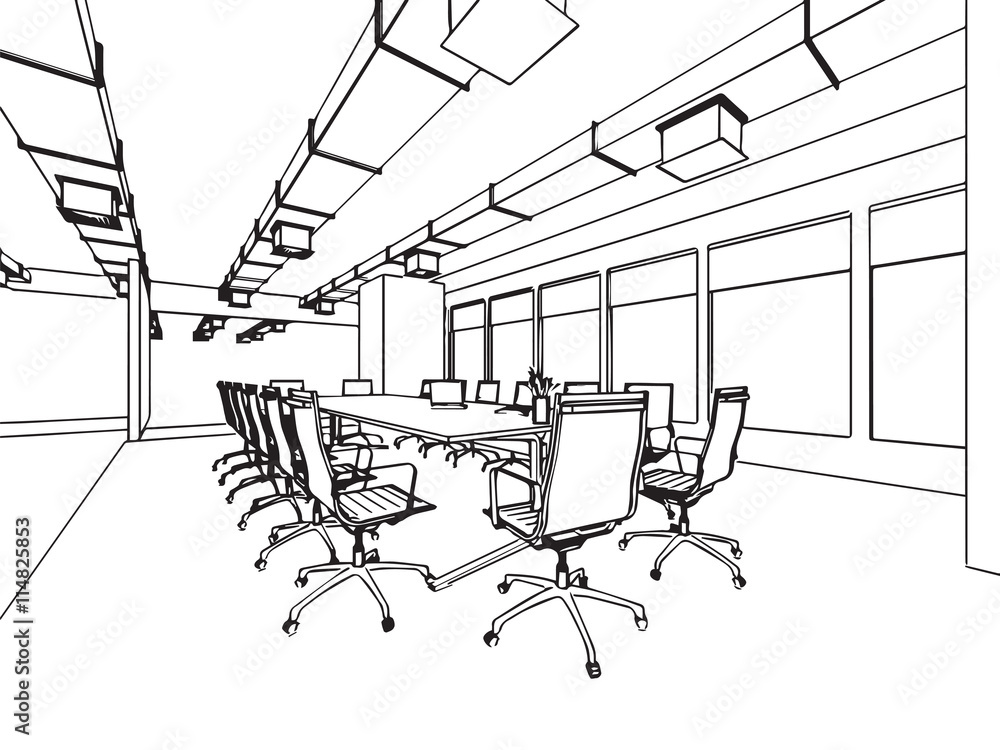 interior outline sketch drawing perspective of a space office Stock ...