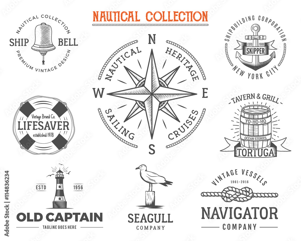 Vintage nautical stamps set. Old ship retro style. Sailing labels ...